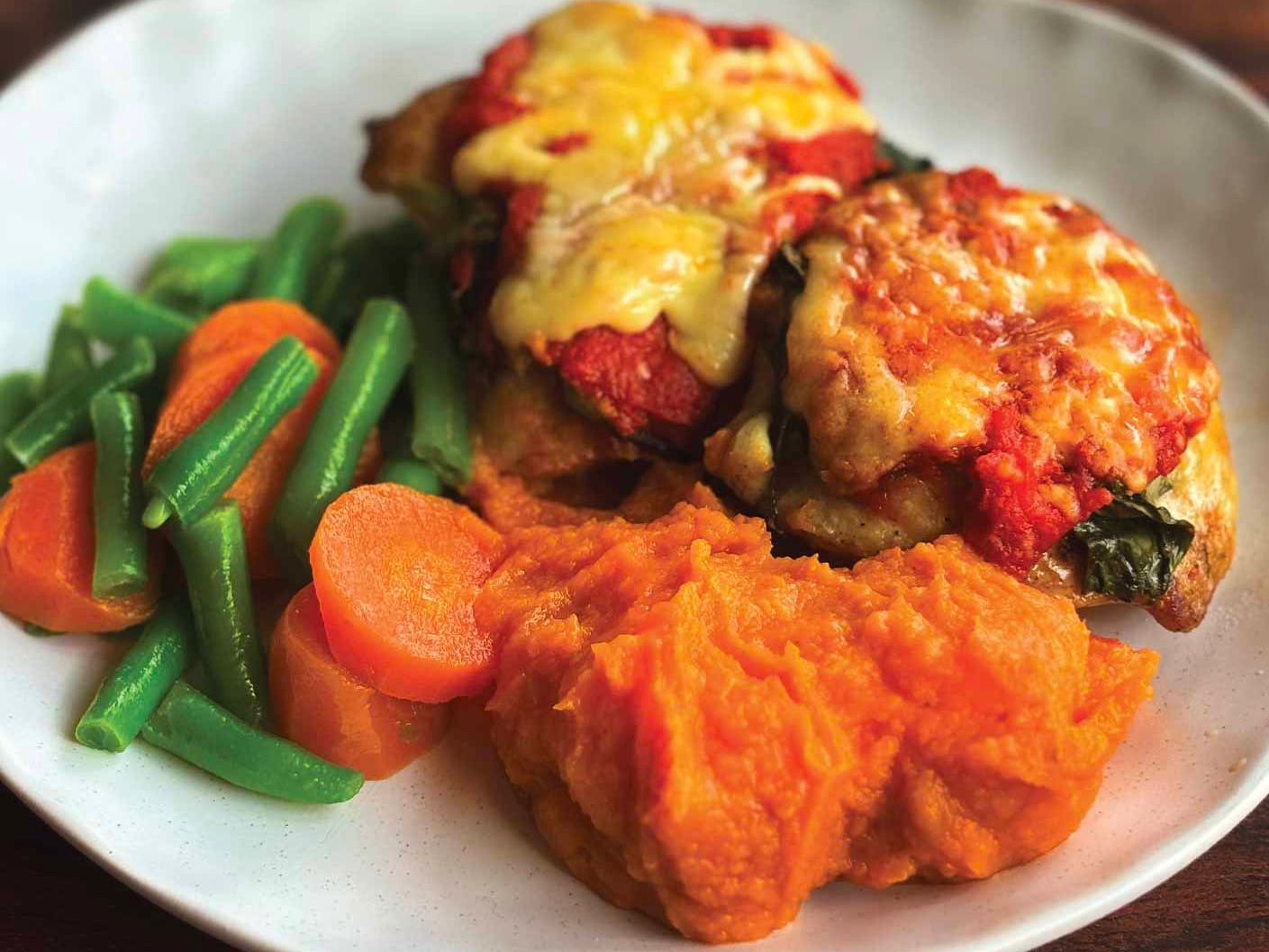 Chicken Breast Parmigiana with Sweet Potato Mash Protein 34G Carbs 12g ...