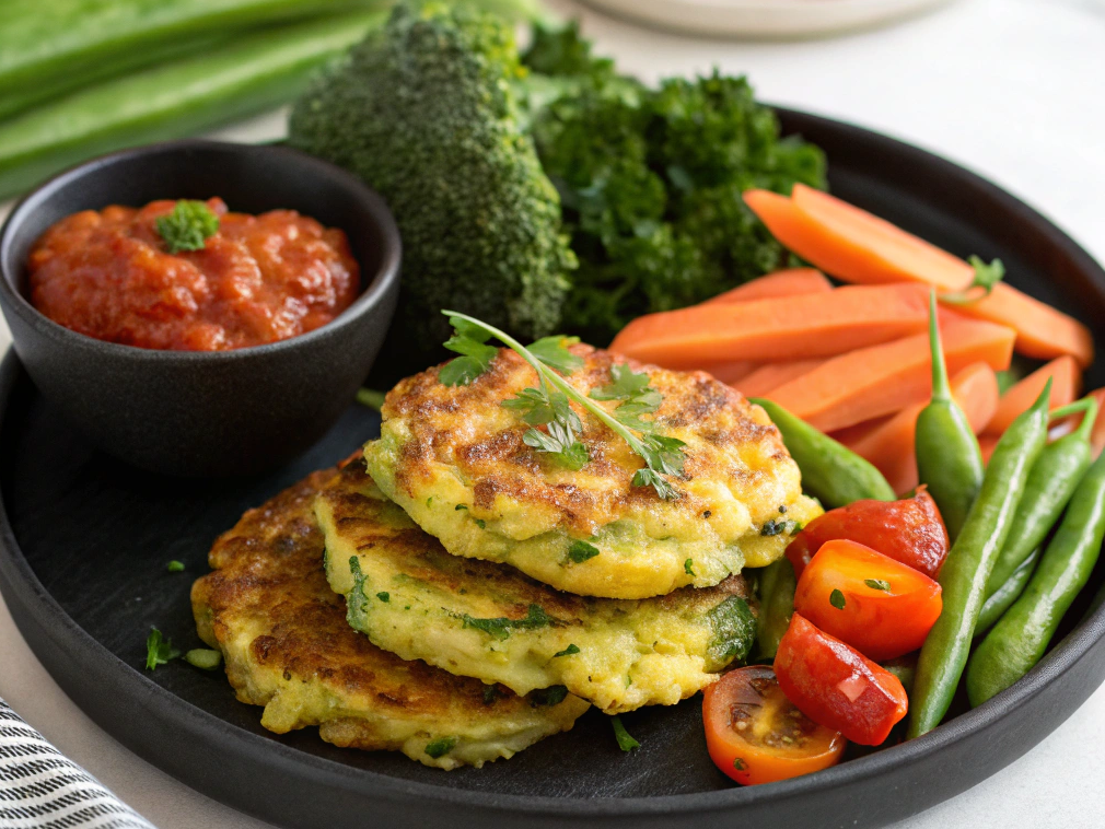Zucchini Fritters with tomato relish and steamed vegetables - Good 4U ...