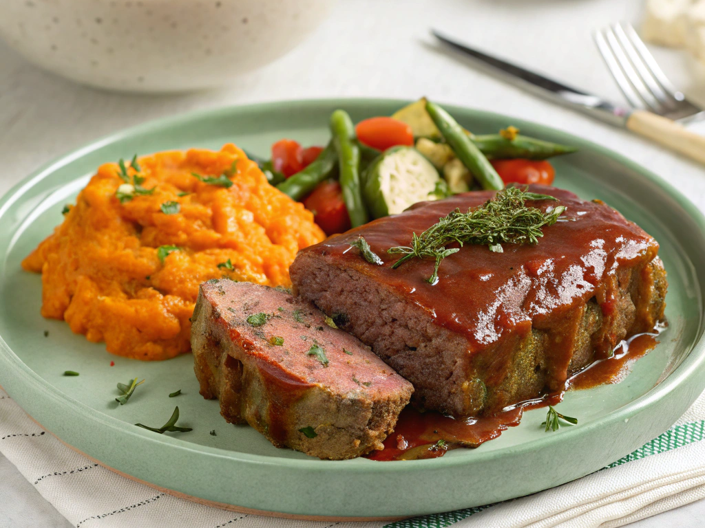 Glazed Meatloaf with Vegetable Medley, Sweet Potato Puree, Gravy ...