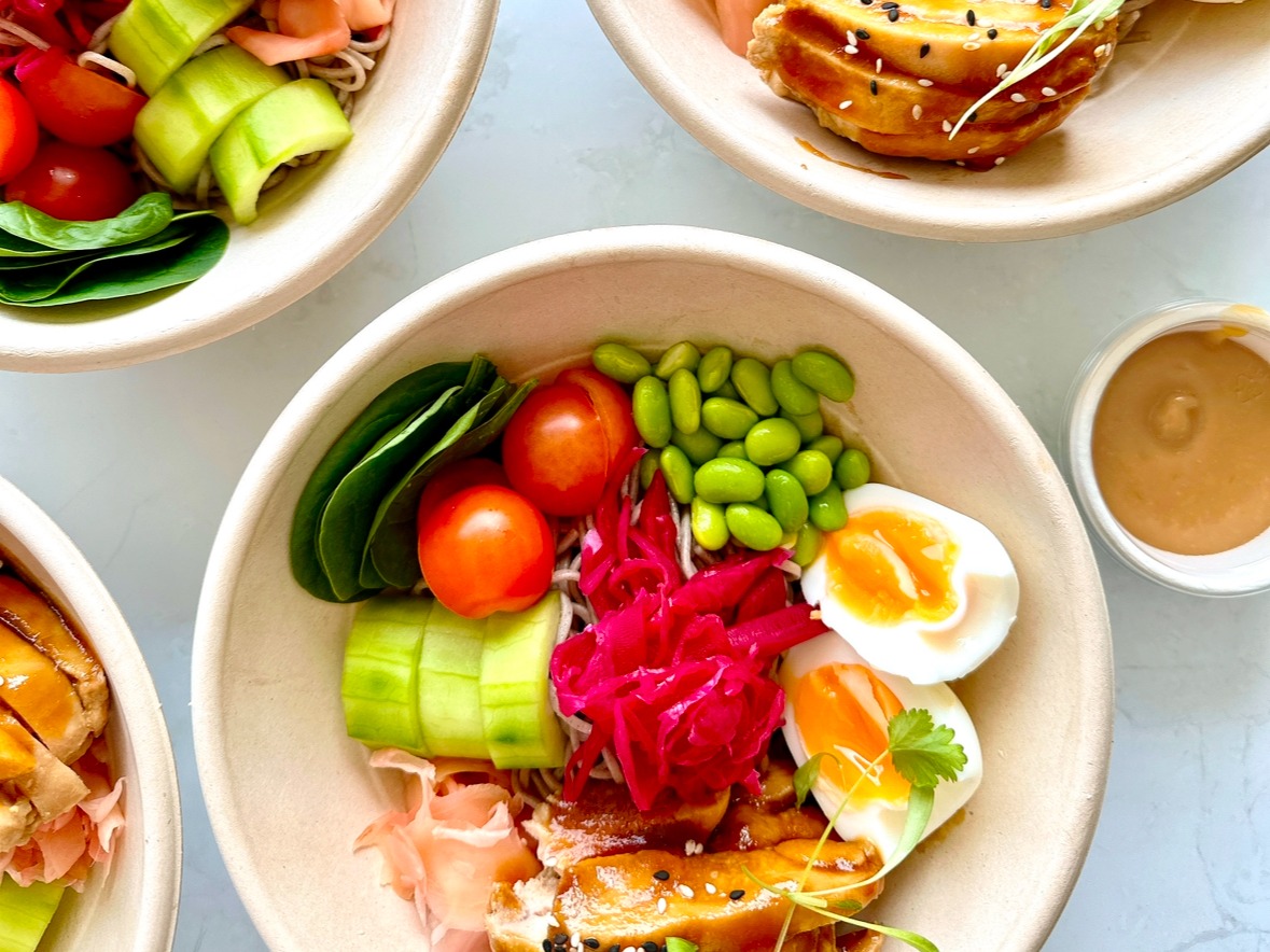 Teriyaki chicken poke bowl, soba noodles, edamame beans, miso ginger ...