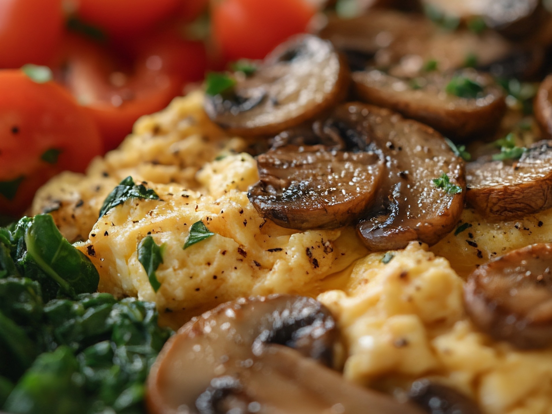 Creamy Scrambled Eggs with Tomato, Mushrooms & Spinach with Ciabatta ...